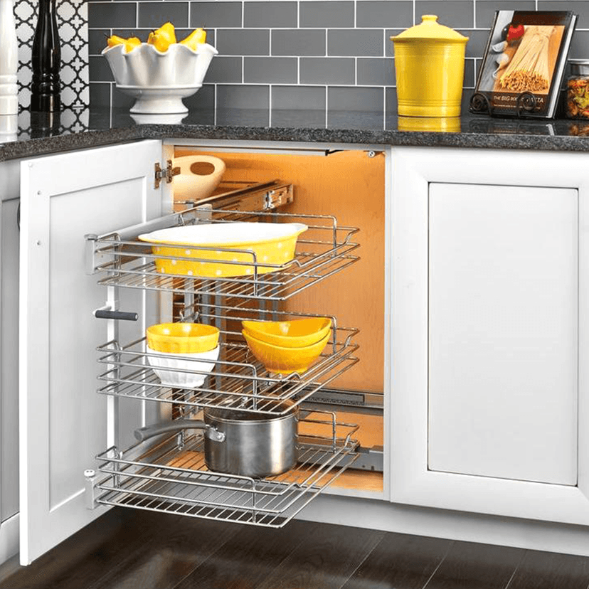 3-Tier Universal Blind Corner Optimizer with Soft-Closing for 15" Cabinet Opening, Chrome ...