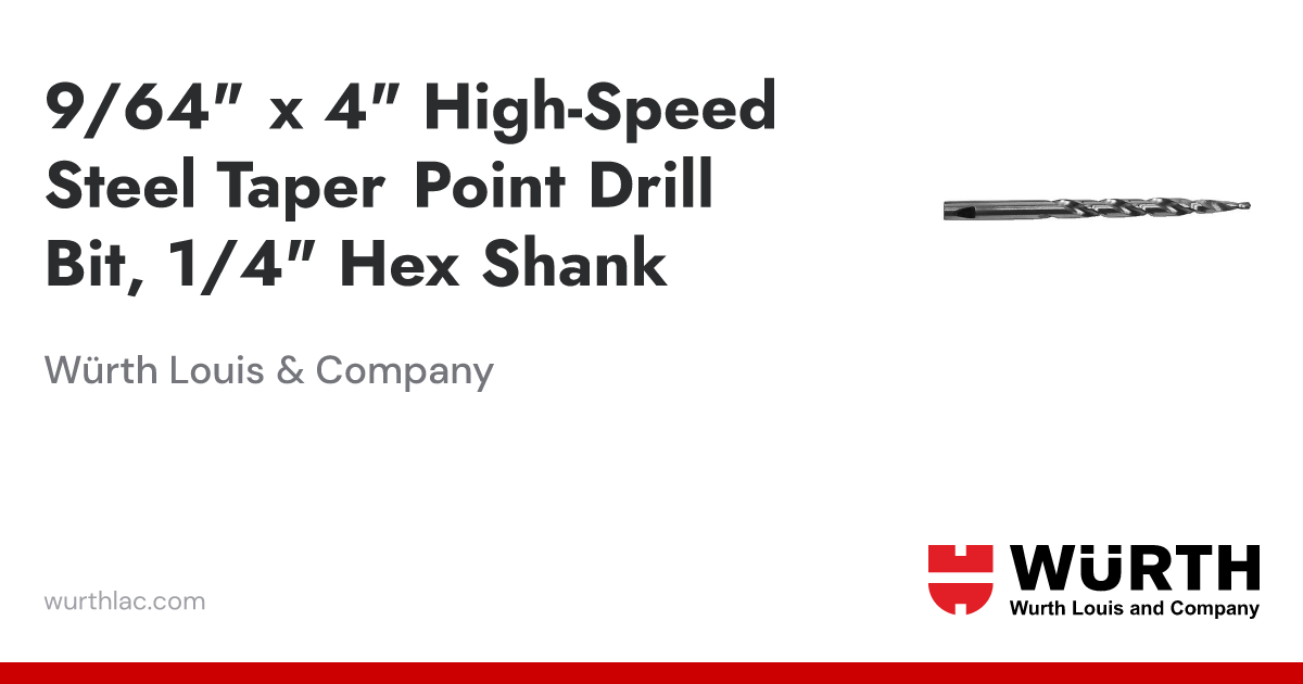 9/64" x 4" High-Speed Steel Taper Point Drill Bit, 1/4" Hex Shank ...