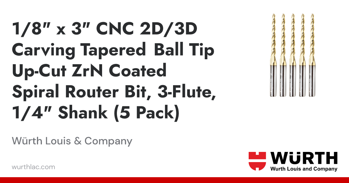 1/8" x 3" CNC 2D/3D Carving Tapered Ball Tip Up-Cut ZrN Coated Spiral ...