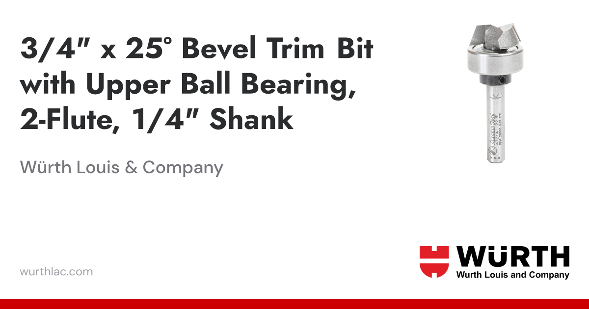 3/4" x 25° Bevel Trim Bit with Upper Ball Bearing, 2-Flute, 1/4" Shank ...