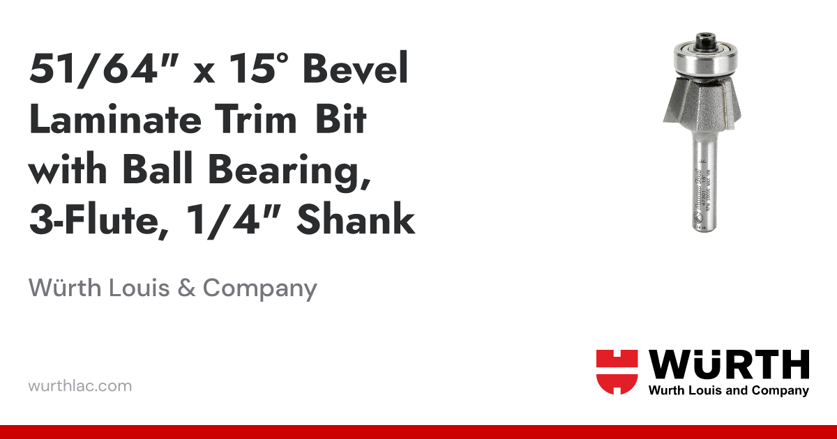 51/64" x 15° Bevel Laminate Trim Bit with Ball Bearing, 3-Flute, 1/4" Shank | Würth Louis & Company