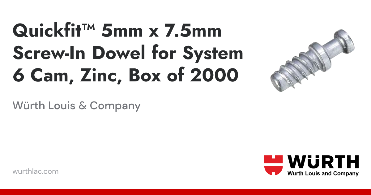 Quickfit™ 5mm x 7.5mm Screw-In Dowel for System 6 Cam, Zinc, Box of ...