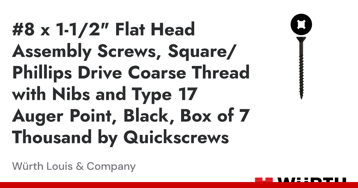 #8 x 1-1/2" Flat Head Assembly Screws, Square/Phillips Drive Coarse ...