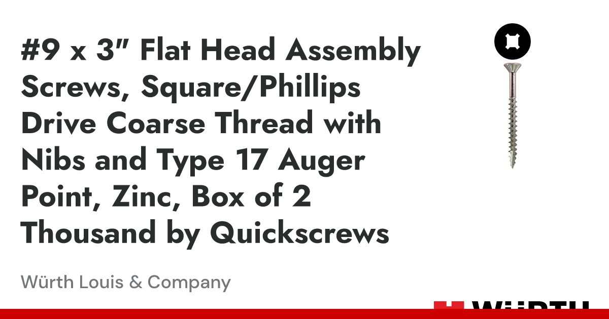 #9 x 3" Flat Head Assembly Screws, Square/Phillips Drive Coarse Thread ...