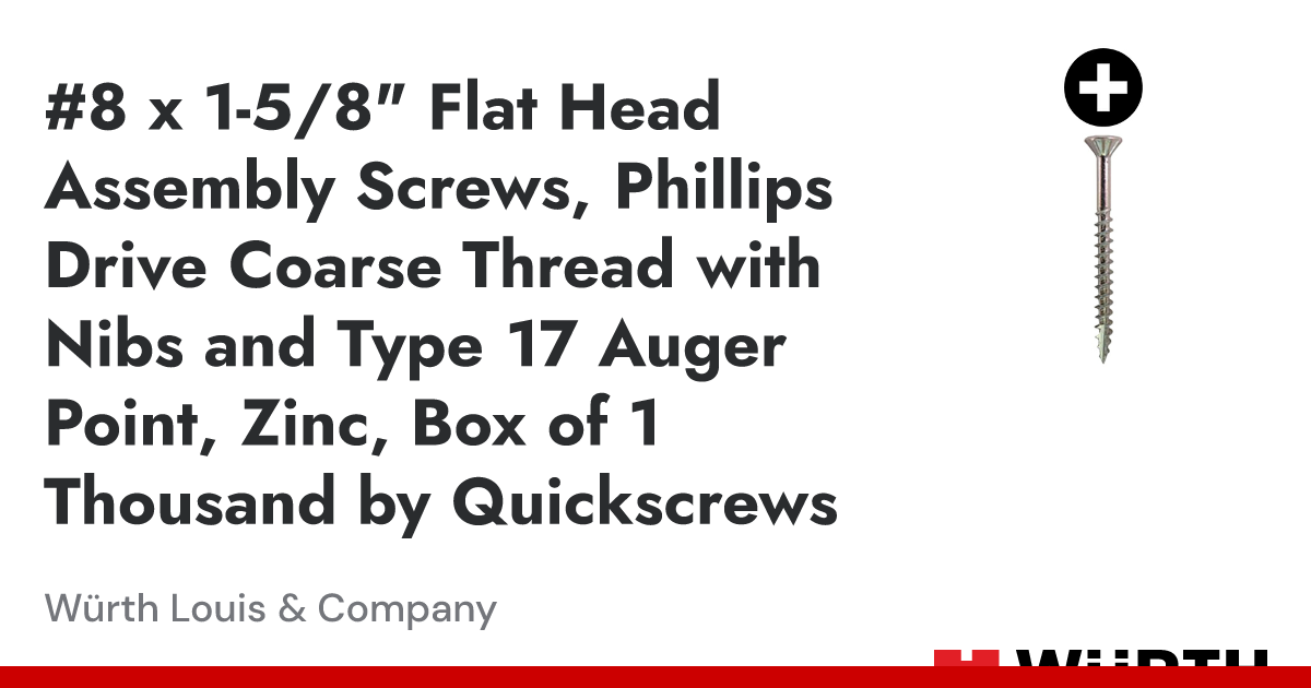 #8 x 1-5/8" Flat Head Assembly Screws, Phillips Drive Coarse Thread ...