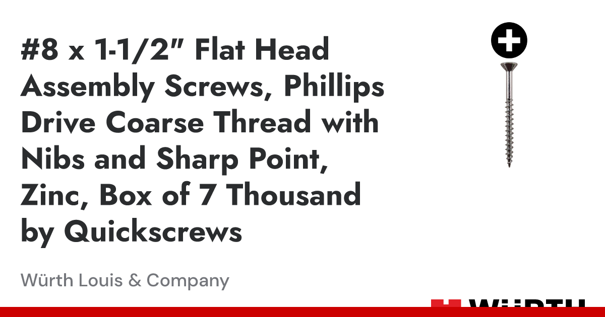 #8 x 1-1/2" Flat Head Assembly Screws, Phillips Drive Coarse Thread ...