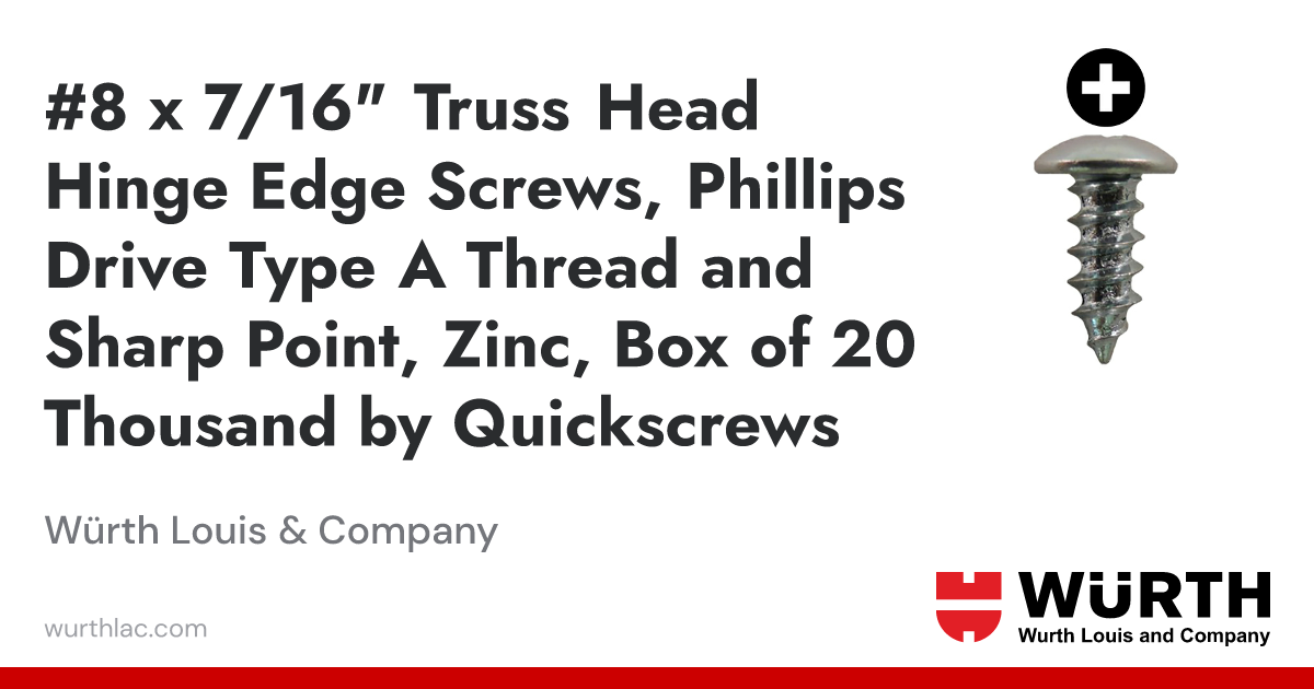 #8 x 7/16" Truss Head Hinge Edge Screws, Phillips Drive Type A Thread ...