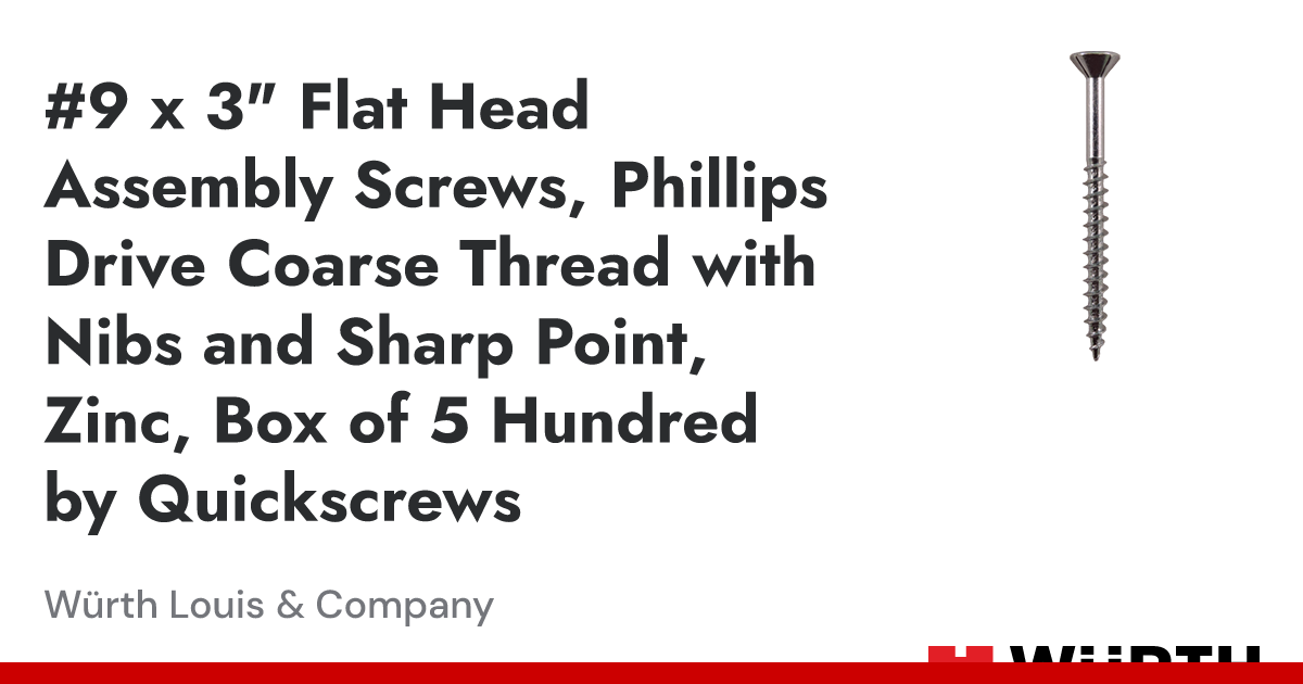 #9 x 3" Flat Head Assembly Screws, Phillips Drive Coarse Thread with ...