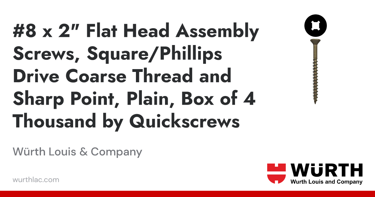 #8 x 2" Flat Head Assembly Screws, Square/Phillips Drive Coarse Thread and Sharp Point, Plain ...