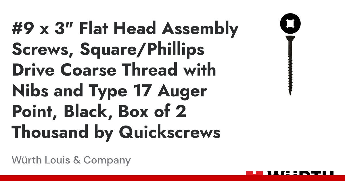 #9 x 3" Flat Head Assembly Screws, Square/Phillips Drive Coarse Thread ...