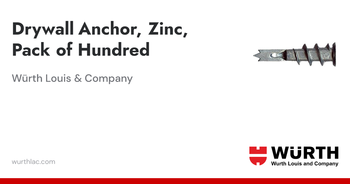 Drywall Anchor, Zinc, Pack of Hundred | Würth Louis & Company