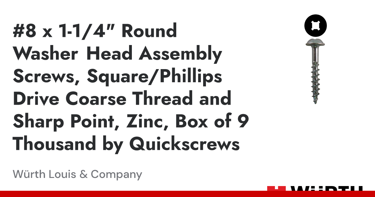#8 x 1-1/4" Round Washer Head Assembly Screws, Square/Phillips Drive ...
