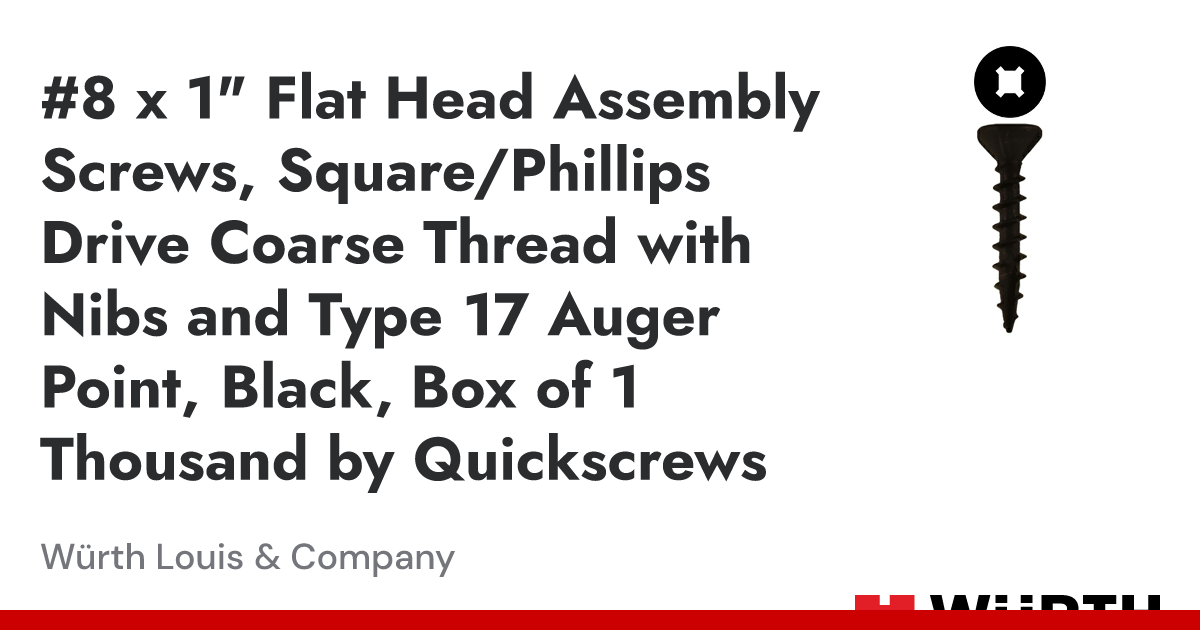#8 x 1" Flat Head Assembly Screws, Square/Phillips Drive Coarse Thread ...