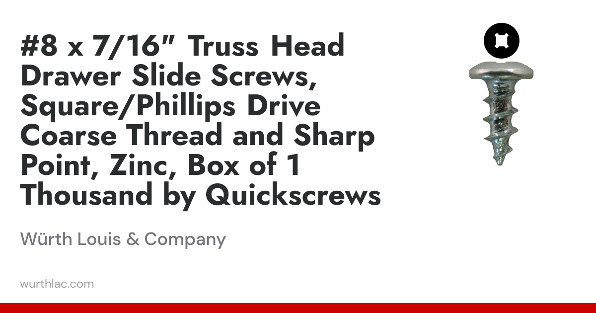 #8 x 7/16" Truss Head Drawer Slide Screws, Square/Phillips Drive Coarse ...
