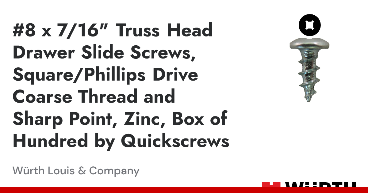 #8 x 7/16" Truss Head Drawer Slide Screws, Square/Phillips Drive Coarse ...