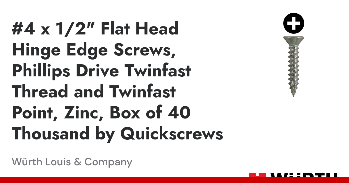 #4 x 1/2" Flat Head Hinge Edge Screws, Phillips Drive Twinfast Thread ...
