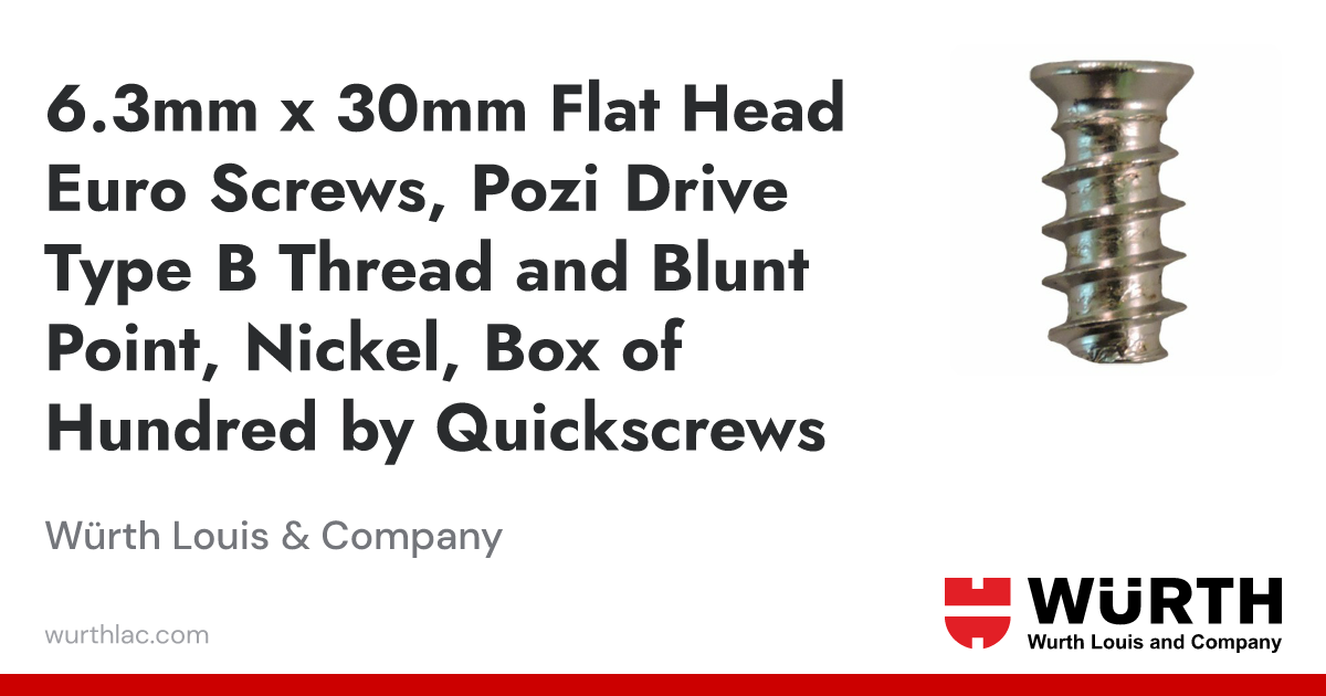 6.3mm x 30mm Flat Head Euro Screws, Pozi Drive Type B Thread and Blunt Point, Nickel, Box of ...