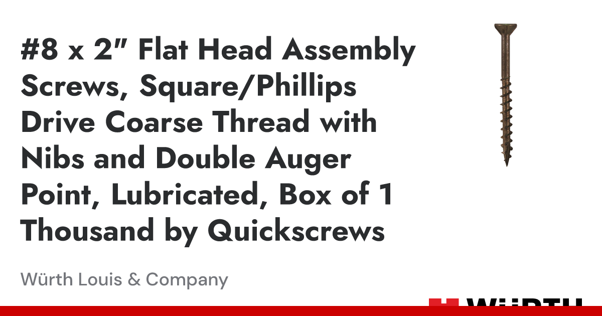 #8 x 2" Flat Head Assembly Screws, Square/Phillips Drive Coarse Thread ...
