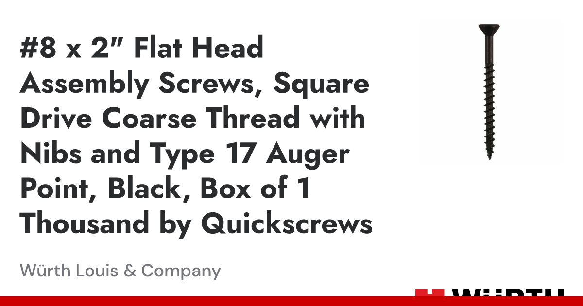 #8 x 2" Flat Head Assembly Screws, Square Drive Coarse Thread with Nibs ...