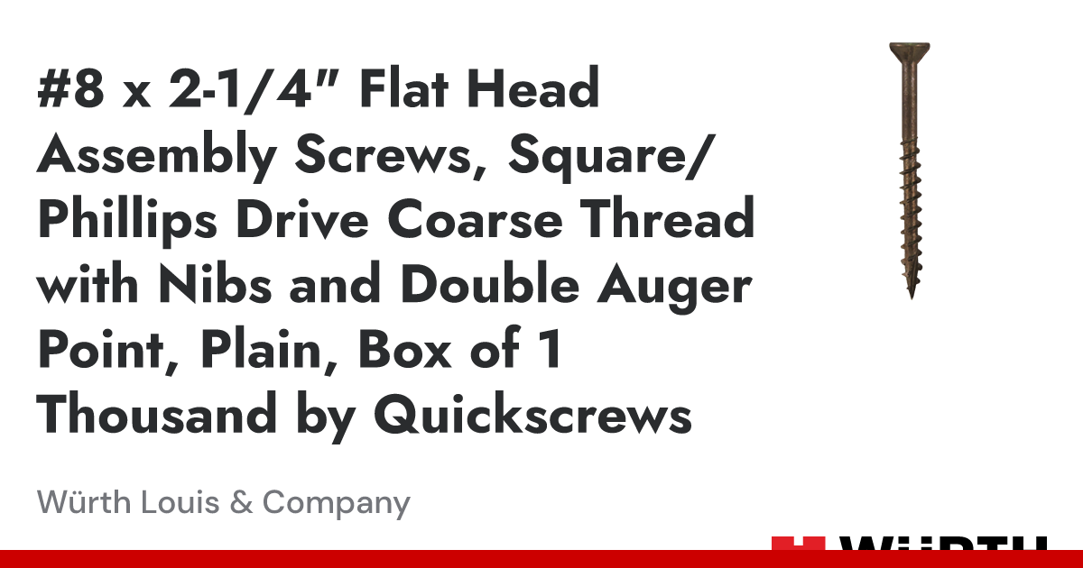 #8 x 2-1/4" Flat Head Assembly Screws, Square/Phillips Drive Coarse ...