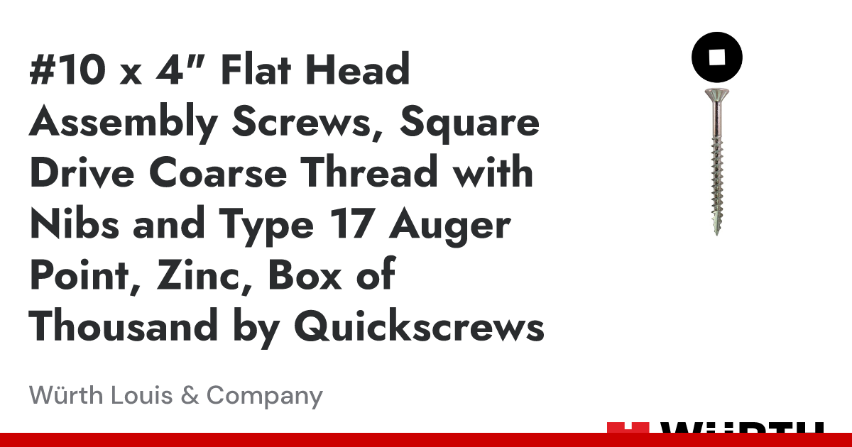 #10 x 4" Flat Head Assembly Screws, Square Drive Coarse Thread with ...