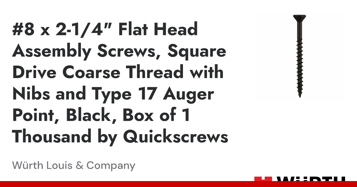 #8 x 2-1/4" Flat Head Assembly Screws, Square Drive Coarse Thread with ...