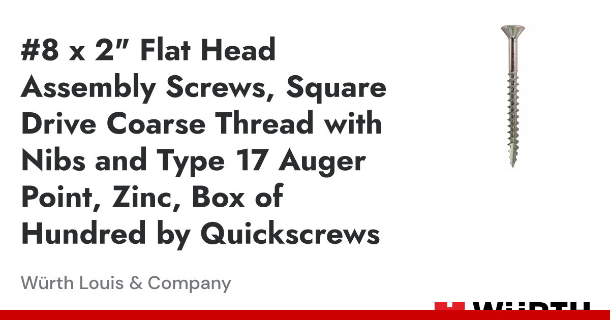 #8 x 2" Flat Head Assembly Screws, Square Drive Coarse Thread with Nibs ...