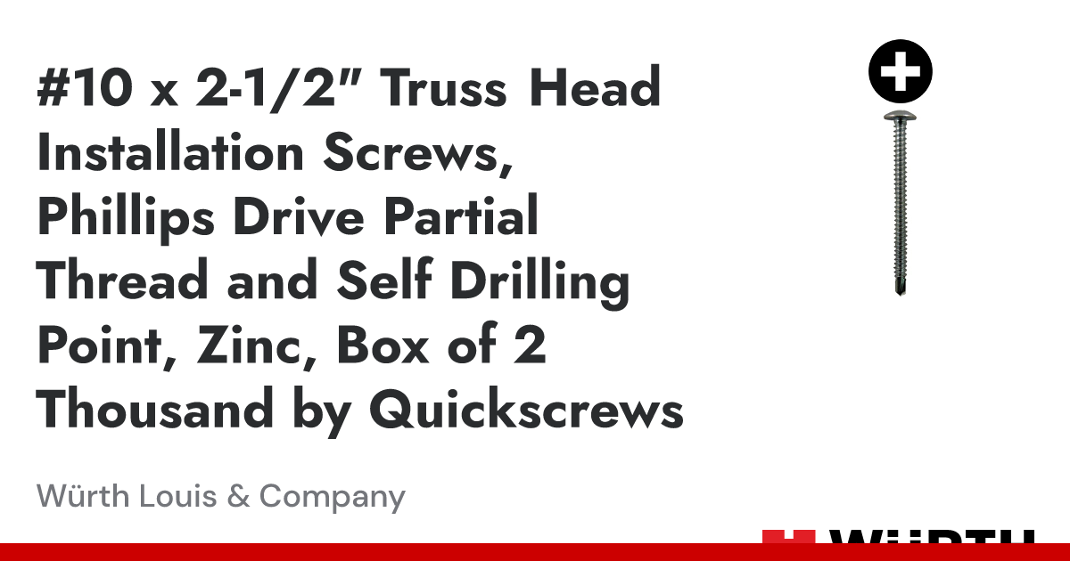 #10 x 2-1/2" Truss Head Installation Screws, Phillips Drive Partial ...