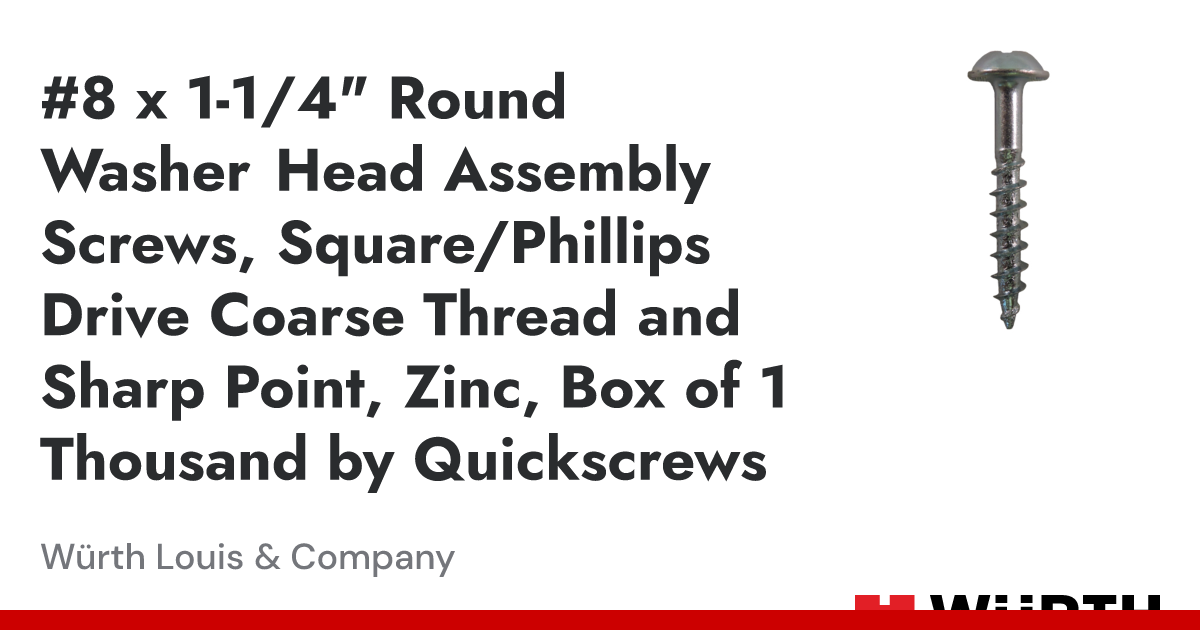 #8 x 1-1/4" Round Washer Head Assembly Screws, Square/Phillips Drive ...