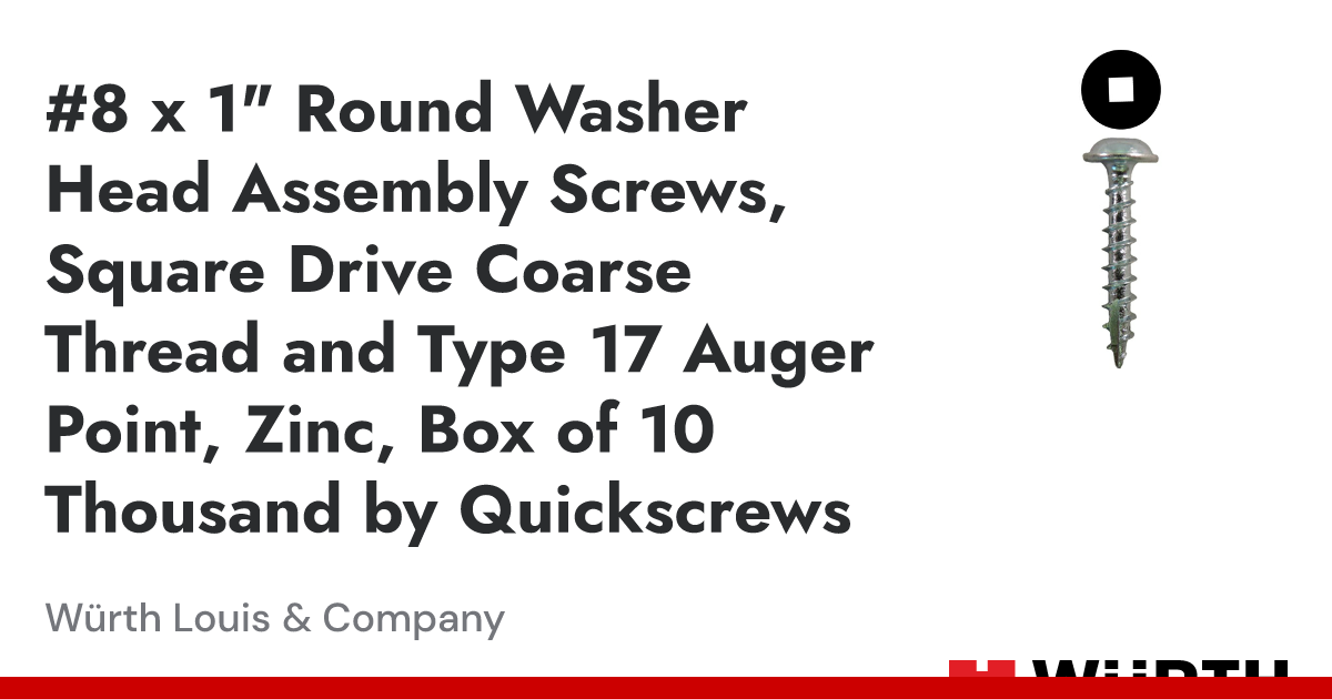#8 x 1" Round Washer Head Assembly Screws, Square Drive Coarse Thread ...