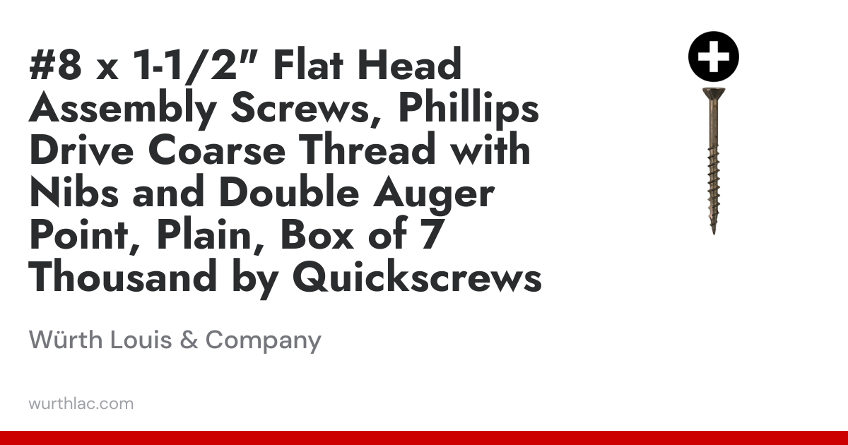 #8 x 1-1/2" Flat Head Assembly Screws, Phillips Drive Coarse Thread ...