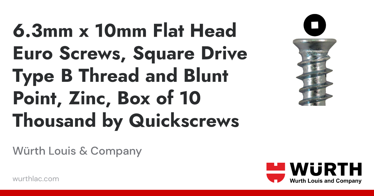 6.3mm x 10mm Flat Head Euro Screws, Square Drive Type B Thread and ...