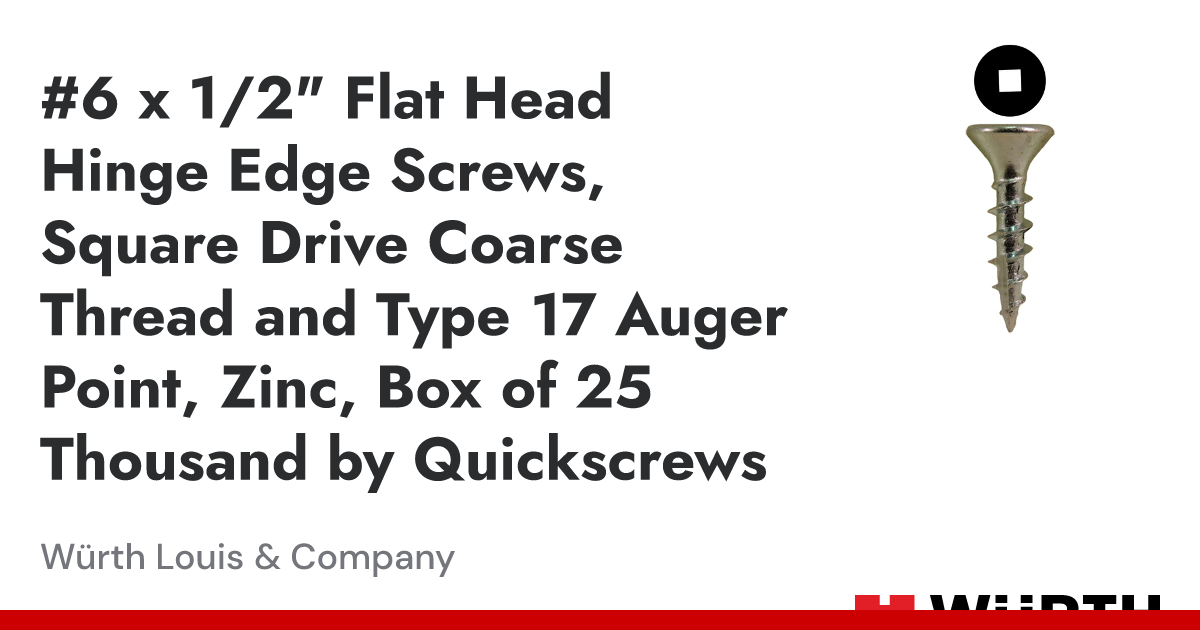 #6 x 1/2" Flat Head Hinge Edge Screws, Square Drive Coarse Thread and ...
