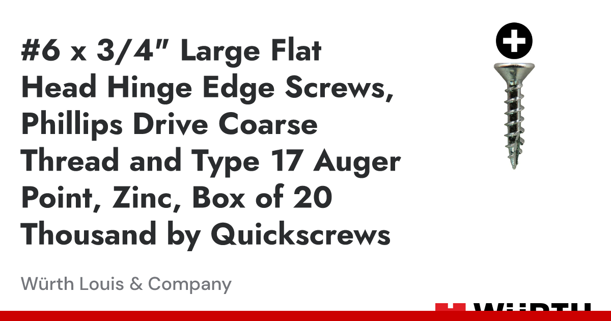 #6 x 3/4" Large Flat Head Hinge Edge Screws, Phillips Drive Coarse ...