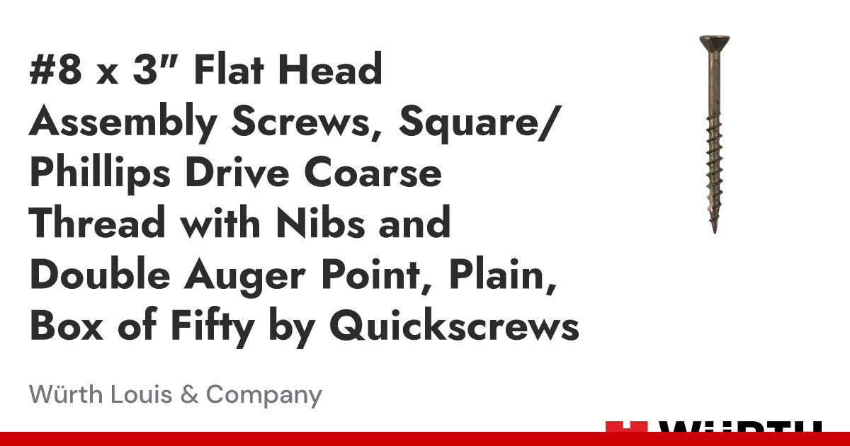 #8 x 3" Flat Head Assembly Screws, Square/Phillips Drive Coarse Thread ...
