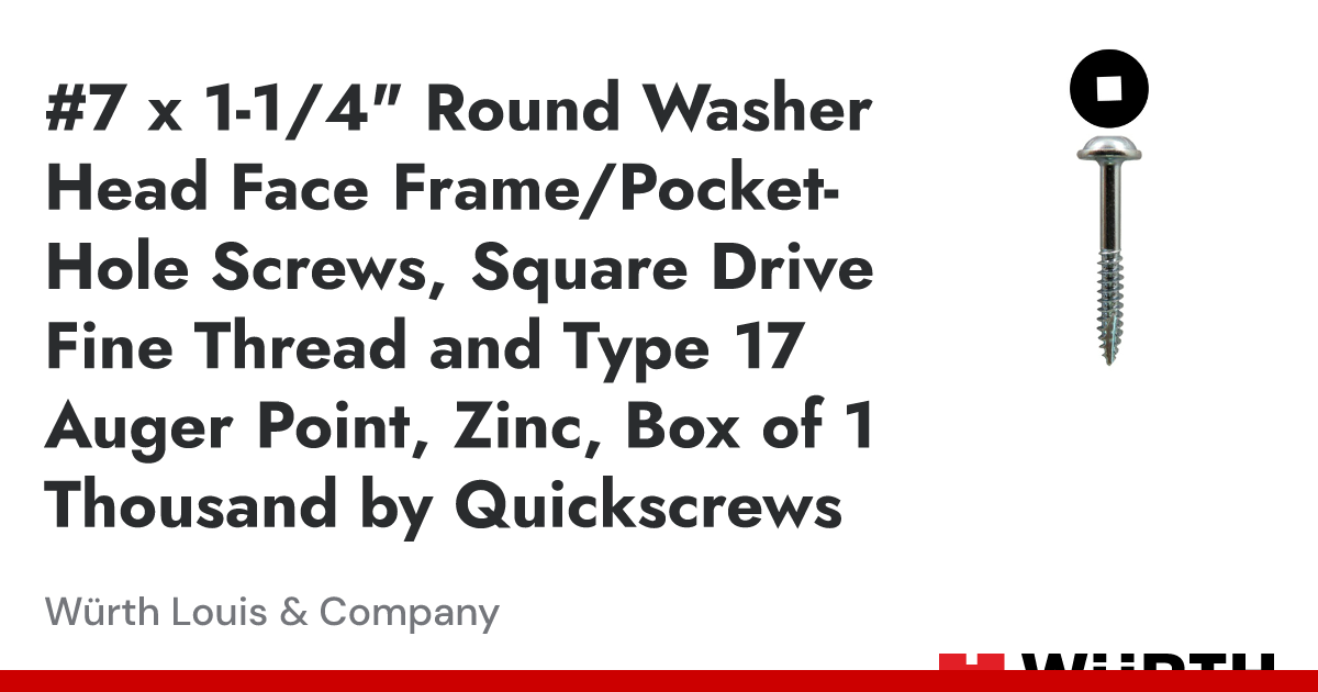 #7 x 1-1/4" Round Washer Head Face Frame/Pocket-Hole Screws, Square ...