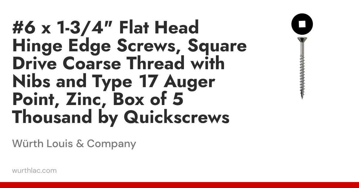 #6 x 1-3/4" Flat Head Hinge Edge Screws, Square Drive Coarse Thread ...