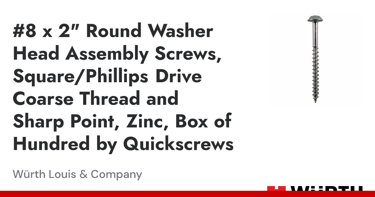 #8 x 2" Round Washer Head Assembly Screws, Square/Phillips Drive Coarse ...