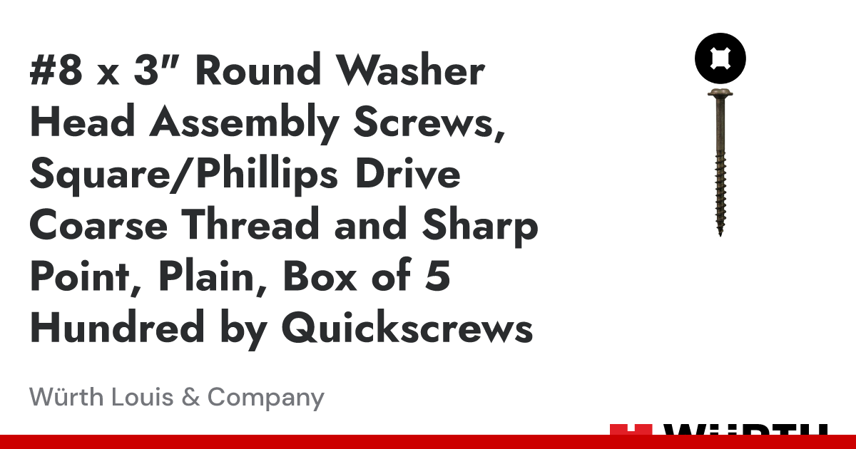 #8 x 3" Round Washer Head Assembly Screws, Square/Phillips Drive Coarse ...
