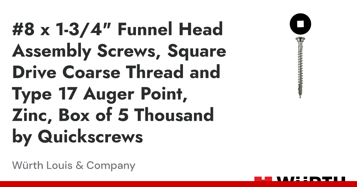 #8 x 1-3/4" Funnel Head Assembly Screws, Square Drive Coarse Thread and ...