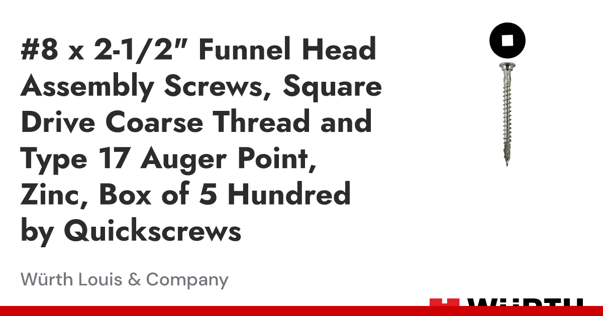 #8 x 2-1/2" Funnel Head Assembly Screws, Square Drive Coarse Thread and ...