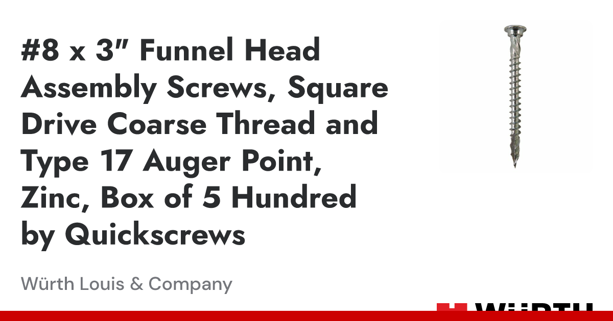 #8 x 3" Funnel Head Assembly Screws, Square Drive Coarse Thread and ...
