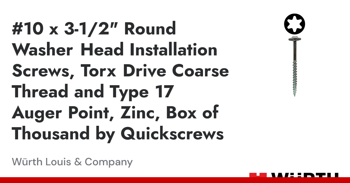 #10 x 3-1/2" Round Washer Head Installation Screws, Torx Drive Coarse ...