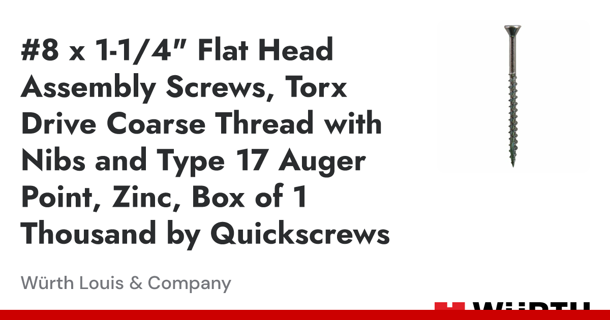 #8 x 1-1/4" Flat Head Assembly Screws, Torx Drive Coarse Thread with ...