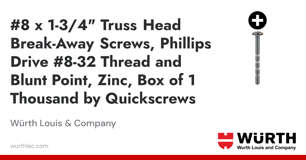 #8 x 1-3/4" Truss Head Break-Away Screws, Phillips Drive #8-32 Thread ...