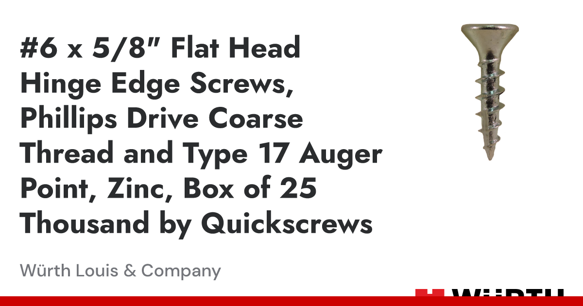 #6 x 5/8" Flat Head Hinge Edge Screws, Phillips Drive Coarse Thread and ...