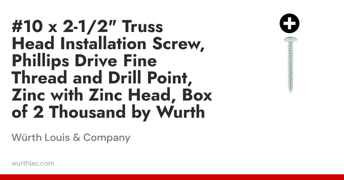 #10 x 2-1/2" Truss Head Installation Screw, Phillips Drive Fine Thread ...