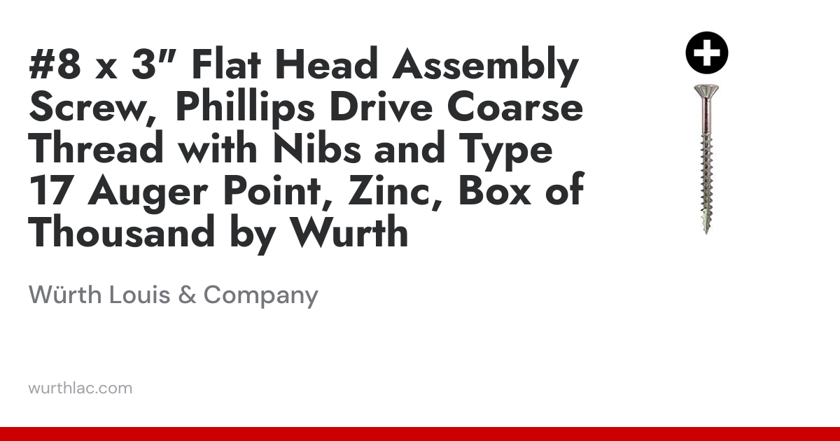 #8 x 3" Flat Head Assembly Screw, Phillips Drive Coarse Thread with ...
