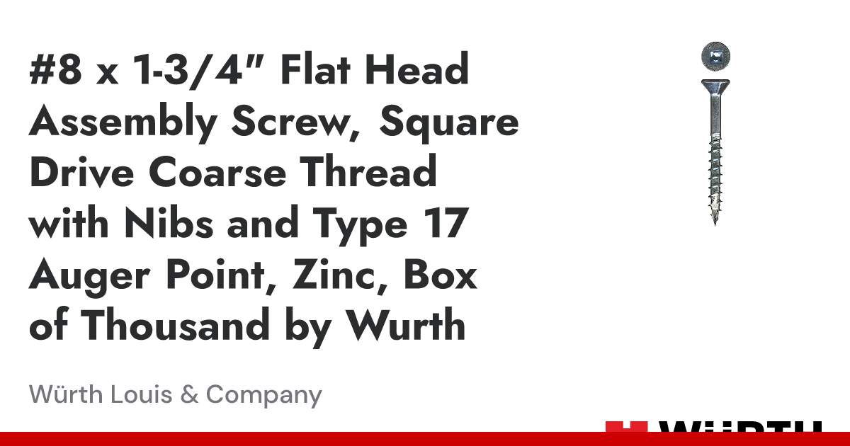 #8 x 1-3/4" Flat Head Assembly Screw, Square Drive Coarse Thread with ...