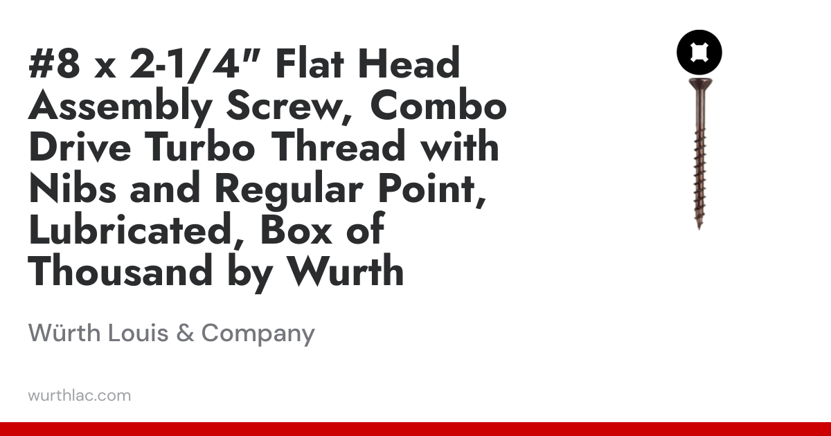 #8 x 2-1/4" Flat Head Assembly Screw, Combo Drive Turbo Thread with ...
